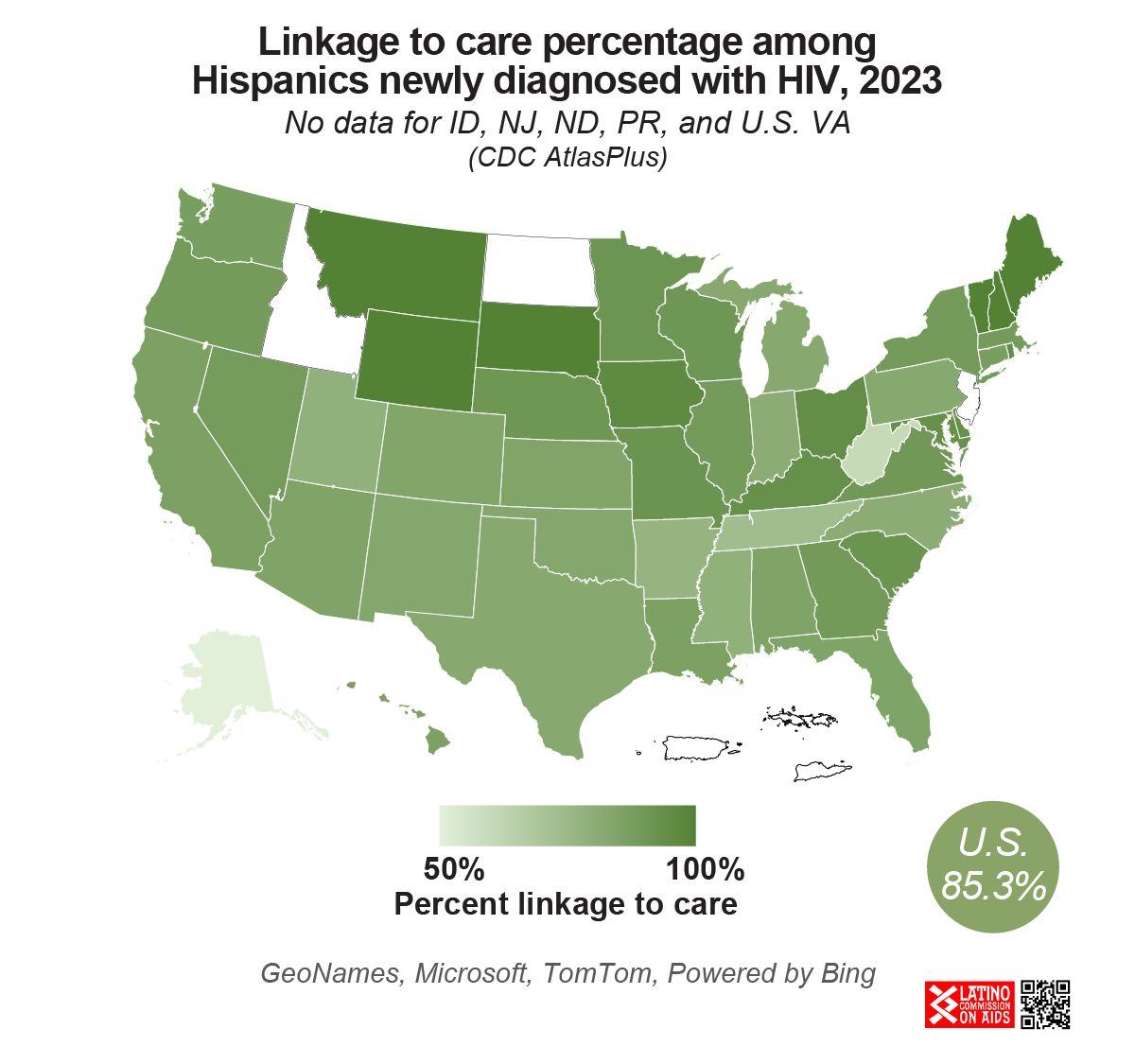 2023 HIV diagnoses linkage to care Hispanics by state map – Institute ...